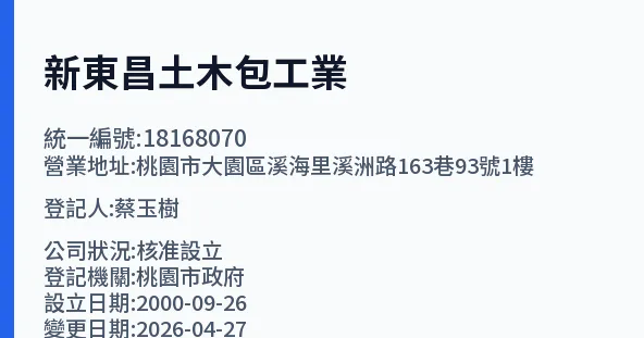 新東昌土木包工業的照片-統編 18168070(桃園市) 公司登記資料與營業項目詳細圖表