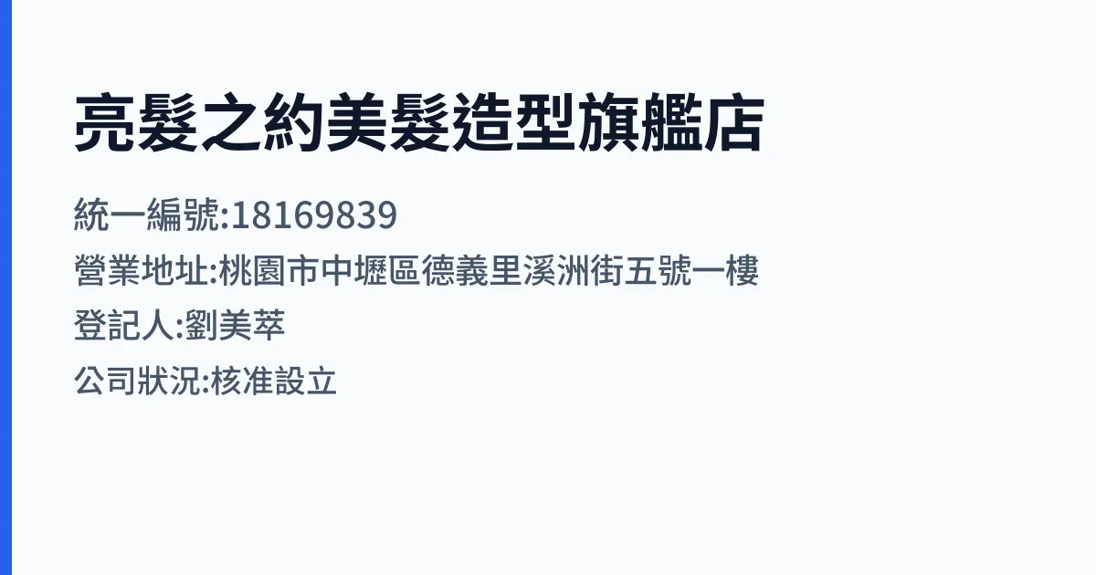 亮髮之約美髮造型旗艦店 - 統編 18169839(桃園市) 公司登記資料與營業項目詳細圖表