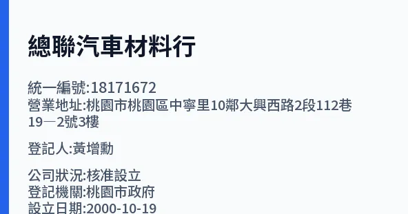 總聯汽車材料行的照片-統編 18171672(桃園市) 公司登記資料與營業項目詳細圖表