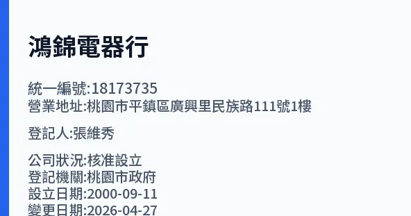 鴻錦電器行的照片-統編 18173735(桃園市) 公司登記資料與營業項目詳細圖表