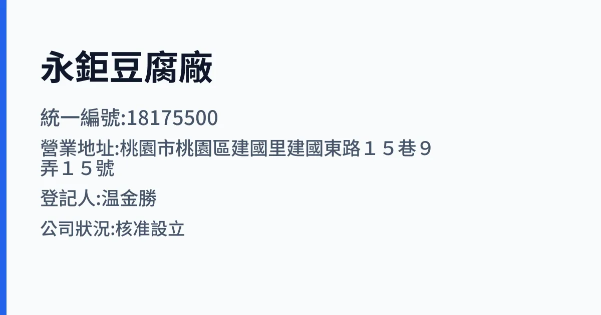 永鉅豆腐廠 - 統編 18175500（桃園市） 公司登記資料與營業項目詳細圖表