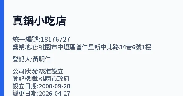 真鍋小吃店的照片-統編 18176727(桃園市) 公司登記資料與營業項目詳細圖表
