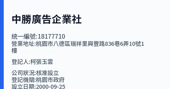 中勝廣告企業社的照片-統編 18177710(桃園市) 公司登記資料與營業項目詳細圖表