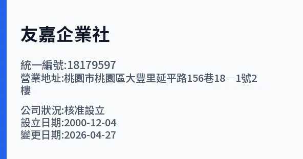 友嘉企業社的照片-統編 18179597(桃園市) 公司登記資料與營業項目詳細圖表