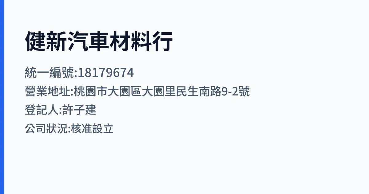 健新汽車材料行 - 統編 18179674(桃園市) 公司登記資料與營業項目詳細圖表