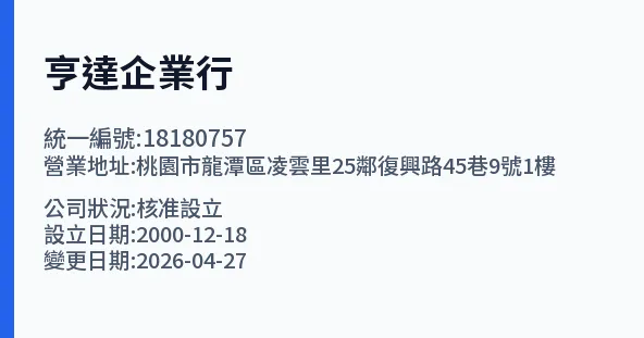 亨達企業行的照片-統編 18180757(桃園市) 公司登記資料與營業項目詳細圖表