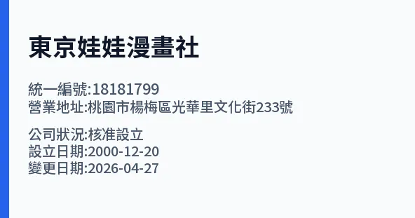 東京娃娃漫畫社的照片-統編 18181799(桃園市) 公司登記資料與營業項目詳細圖表