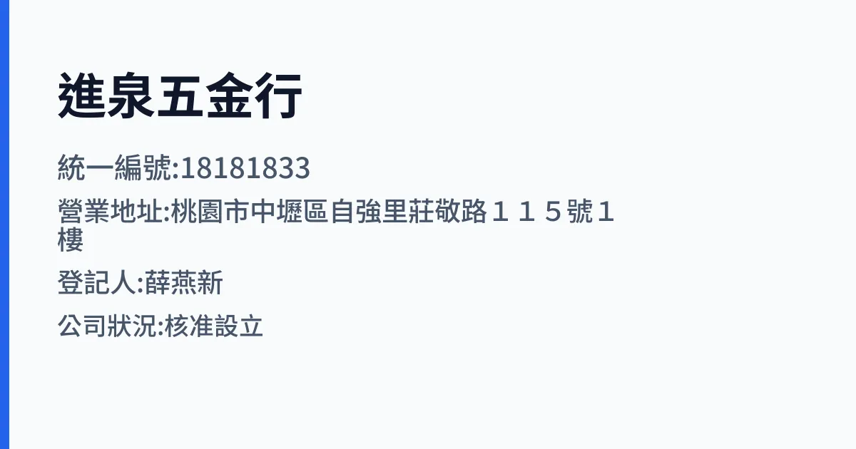 進泉五金行 - 統編 18181833(桃園市) 公司登記資料與營業項目詳細圖表