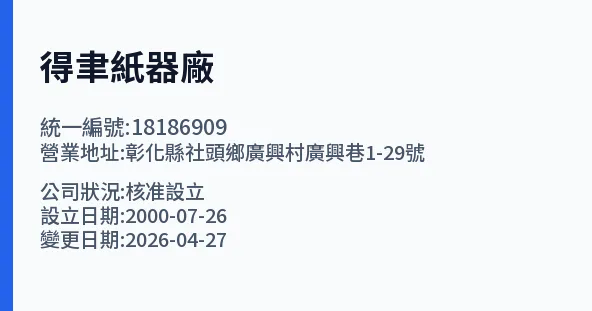 得聿紙器廠的照片-統編 18186909(彰化縣) 公司登記資料與營業項目詳細圖表