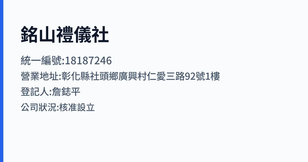 銘山禮儀社 - 統編 18187246(彰化縣) 公司登記資料與營業項目詳細圖表