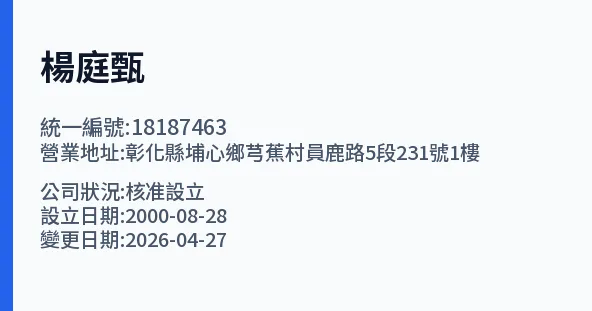 楊庭甄的照片-統編 18187463(彰化縣) 公司登記資料與營業項目詳細圖表