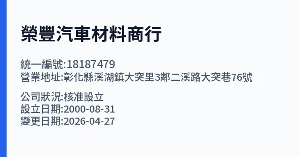 榮豐汽車材料商行的照片-統編 18187479(彰化縣) 公司登記資料與營業項目詳細圖表