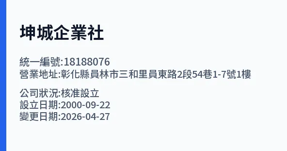 坤城企業社的照片-統編 18188076(彰化縣) 公司登記資料與營業項目詳細圖表