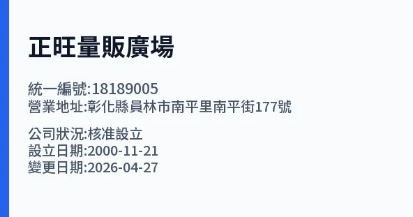 正旺量販廣場的照片-統編 18189005(彰化縣) 公司登記資料與營業項目詳細圖表