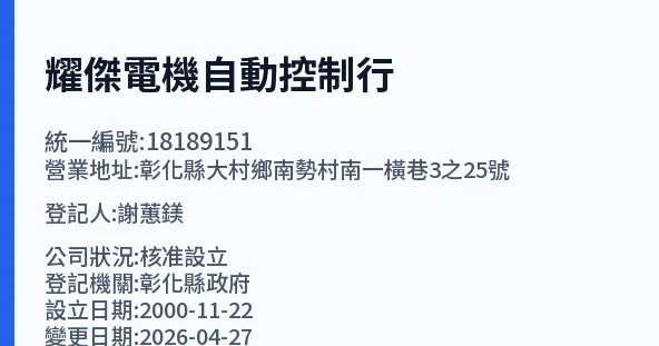 耀傑電機自動控制行的照片-統編 18189151(彰化縣) 公司登記資料與營業項目詳細圖表
