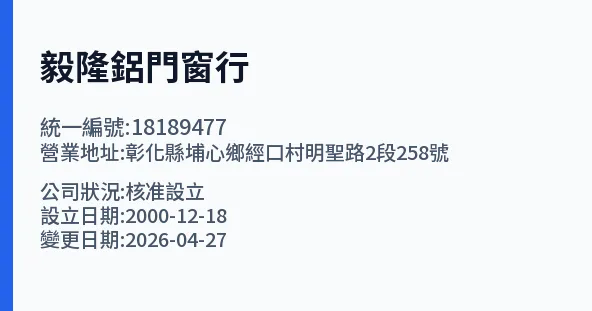 毅隆鋁門窗行的照片-統編 18189477(彰化縣) 公司登記資料與營業項目詳細圖表