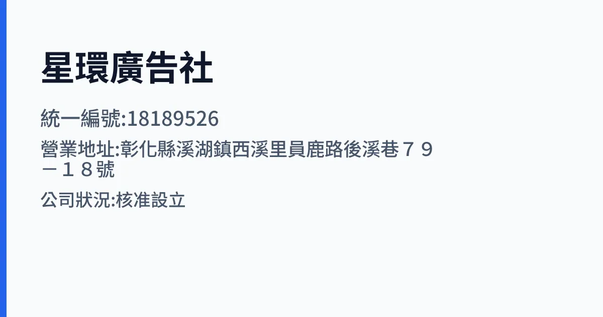 星環廣告社 - 統編 18189526(彰化縣) 公司登記資料與營業項目詳細圖表