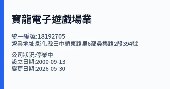 寶龍電子遊戲場業的照片-統編 18192705(彰化縣) 公司登記資料與營業項目詳細圖表