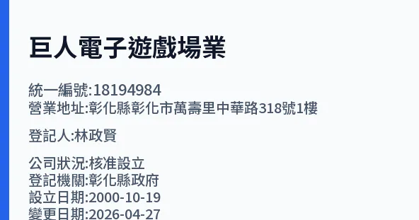 巨人電子遊戲場業的照片-統編 18194984(彰化縣) 公司登記資料與營業項目詳細圖表