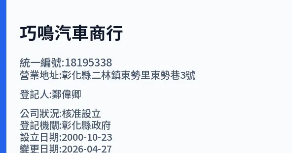 巧鳴汽車商行的照片-統編 18195338(彰化縣) 公司登記資料與營業項目詳細圖表