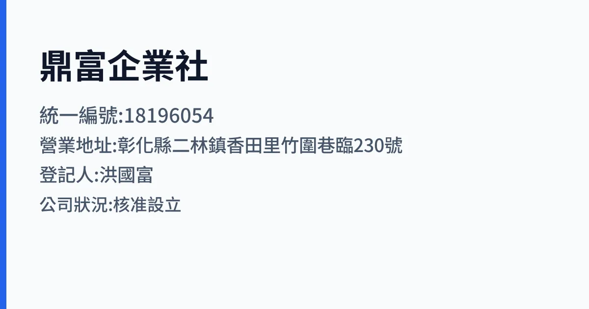 鼎富企業社 - 統編 18196054(彰化縣) 公司登記資料與營業項目詳細圖表