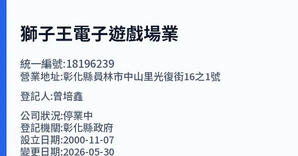 獅子王電子遊戲場業的照片-統編 18196239(彰化縣) 公司登記資料與營業項目詳細圖表