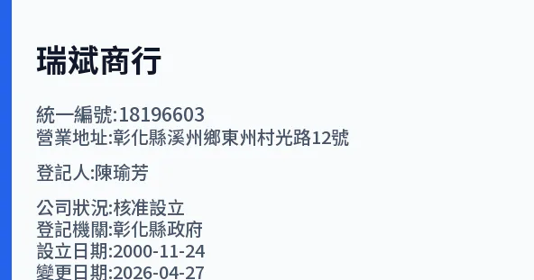 瑞斌商行的照片-統編 18196603(彰化縣) 公司登記資料與營業項目詳細圖表