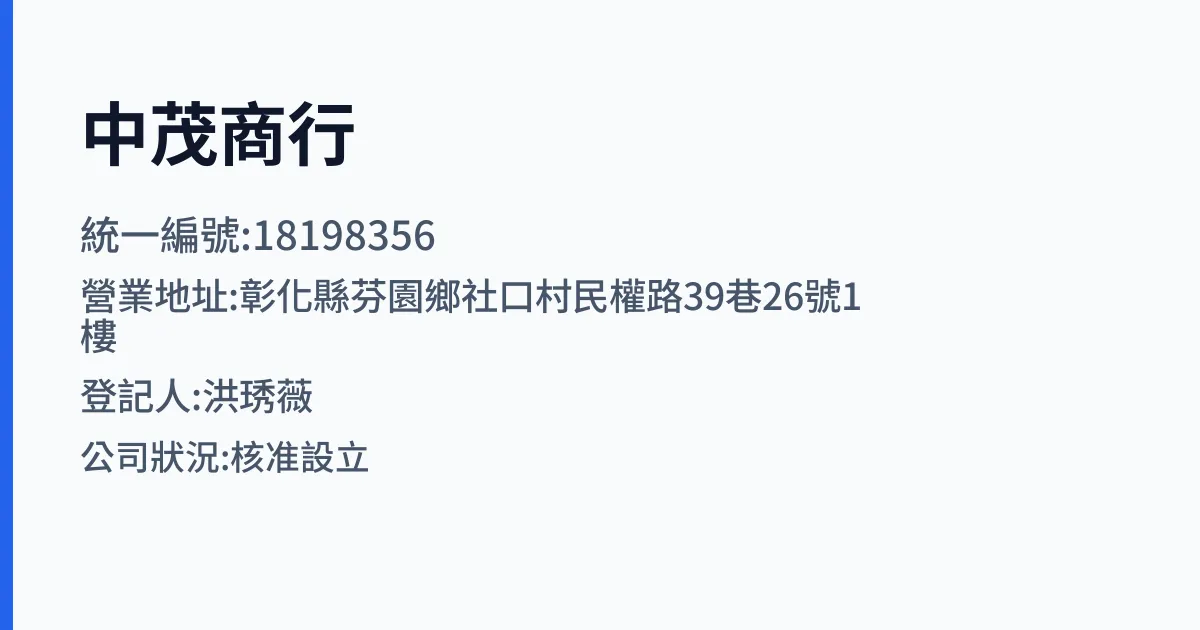 中茂商行 - 統編 18198356(彰化縣) 公司登記資料與營業項目詳細圖表