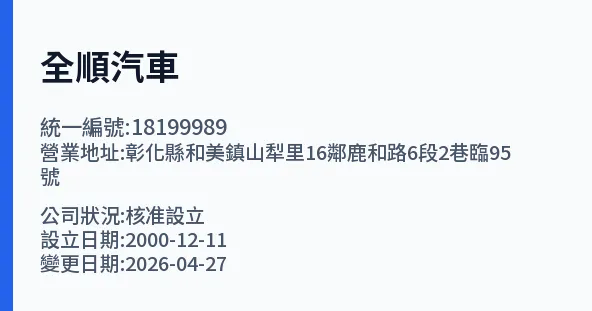 全順汽車的照片-統編 18199989(彰化縣) 公司登記資料與營業項目詳細圖表