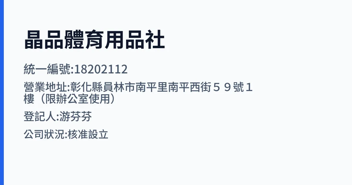 晶品體育用品社 - 統編 18202112(彰化縣) 公司登記資料與營業項目詳細圖表