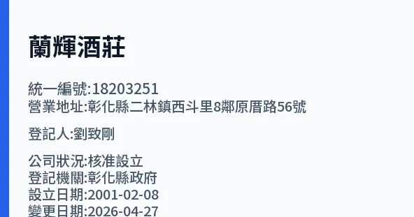 蘭輝酒莊的照片-統編 18203251(彰化縣) 公司登記資料與營業項目詳細圖表