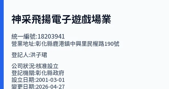 神采飛揚電子遊戲場業的照片-統編 18203941(彰化縣) 公司登記資料與營業項目詳細圖表