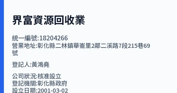 界富資源回收業的照片-統編 18204266(彰化縣) 公司登記資料與營業項目詳細圖表