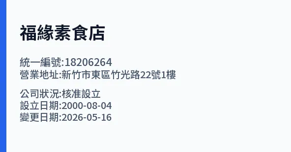 福緣素食店的照片-統編 18206264(新竹市) 公司登記資料與營業項目詳細圖表