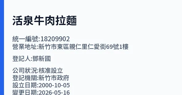 活泉牛肉拉麵的照片-統編 18209902(新竹市) 公司登記資料與營業項目詳細圖表