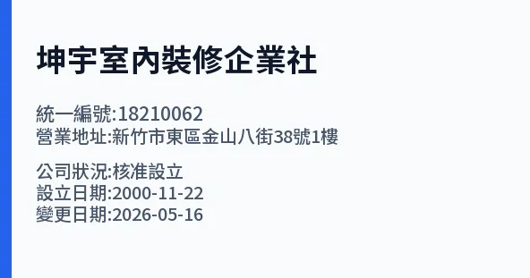坤宇室內裝修企業社的照片-統編 18210062(新竹市) 公司登記資料與營業項目詳細圖表