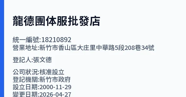 龍德團体服批發店的照片-統編 18210892(新竹市) 公司登記資料與營業項目詳細圖表