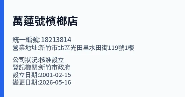 萬蓮號檳榔店的照片-統編 18213814(新竹市) 公司登記資料與營業項目詳細圖表