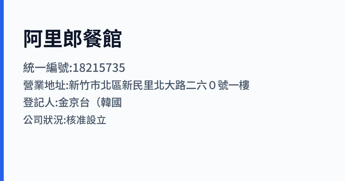 阿里郎餐館 - 統編 18215735(新竹市) 公司登記資料與營業項目詳細圖表