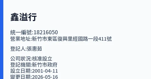 鑫溢行的照片-統編 18216050(新竹市) 公司登記資料與營業項目詳細圖表