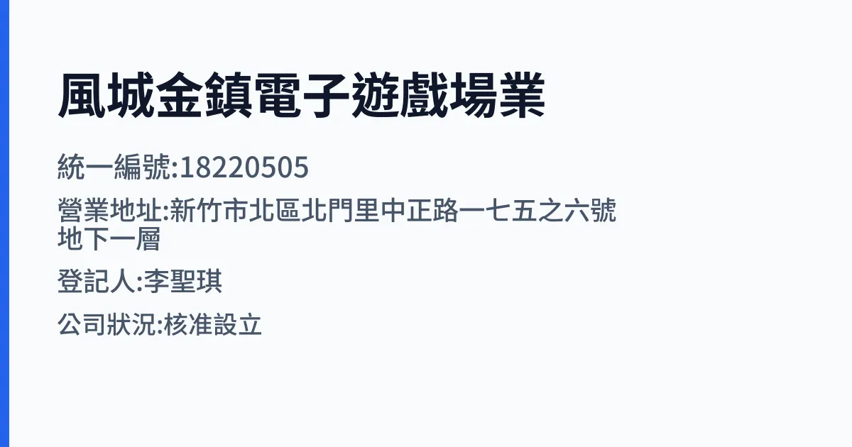 風城金鎮電子遊戲場業 - 統編 18220505(新竹市) 公司登記資料與營業項目詳細圖表