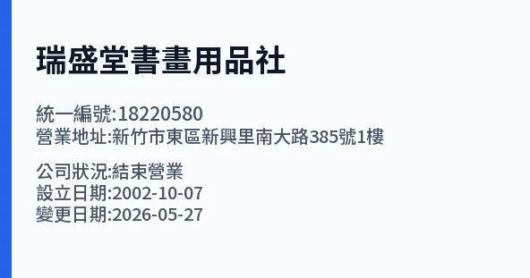 瑞盛堂書畫用品社的照片-統編 18220580(新竹市) 公司登記資料與營業項目詳細圖表
