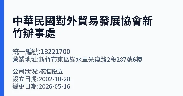 中華民國對外貿易發展協會新竹辦事處的照片-統編 18221700(新竹市) 公司登記資料與營業項目詳細圖表