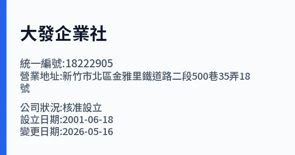 大發企業社的照片-統編 18222905(新竹市) 公司登記資料與營業項目詳細圖表