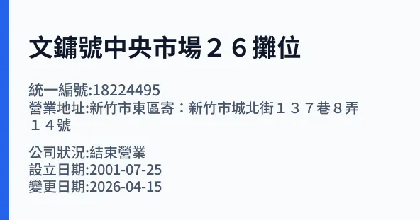 文鏞號中央市場２６攤位的照片-統編 18224495(新竹市) 公司登記資料與營業項目詳細圖表