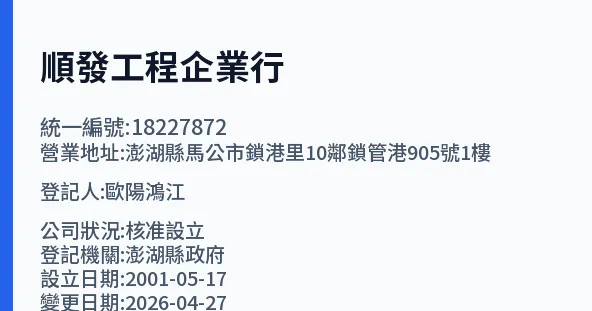 順發工程企業行的照片-統編 18227872(澎湖縣) 公司登記資料與營業項目詳細圖表