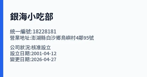 銀海小吃部的照片-統編 18228181(澎湖縣) 公司登記資料與營業項目詳細圖表