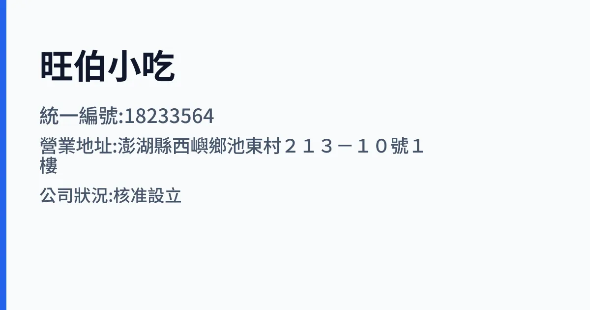 旺伯小吃 - 統編 18233564(澎湖縣) 公司登記資料與營業項目詳細圖表