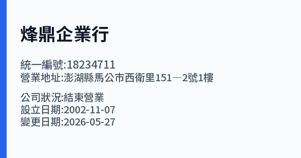 烽鼎企業行的照片-統編 18234711(澎湖縣) 公司登記資料與營業項目詳細圖表