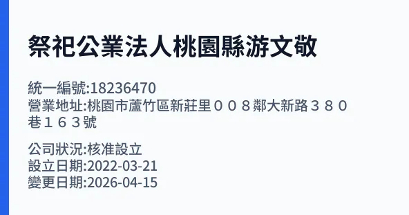 祭祀公業法人桃園縣游文敬的照片-統編 18236470(桃園市) 公司登記資料與營業項目詳細圖表
